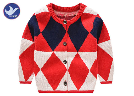 Diamond Jacquard Boys Cardigan Sweater Round Neck Contrast Color Kid Knitwear
