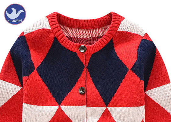 Diamond Jacquard Boys Cardigan Sweater Round Neck Contrast Color Kid Knitwear