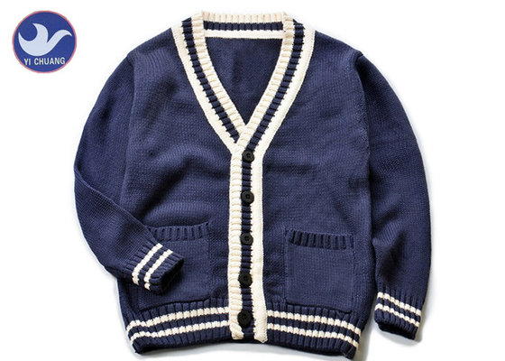 Cotton Stripes Collar Boys Navy Blue Cardigan Sweater , Boys Knitted Cardigan