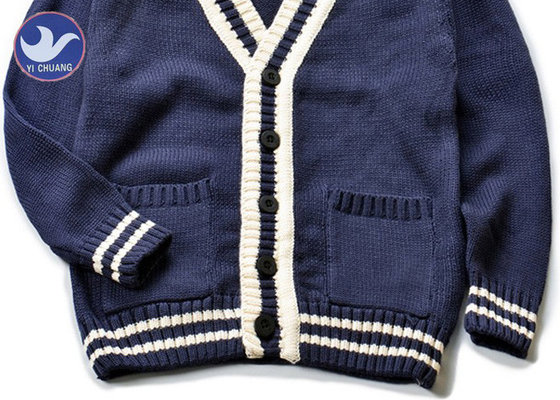 Cotton Stripes Collar Boys Navy Blue Cardigan Sweater , Boys Knitted Cardigan
