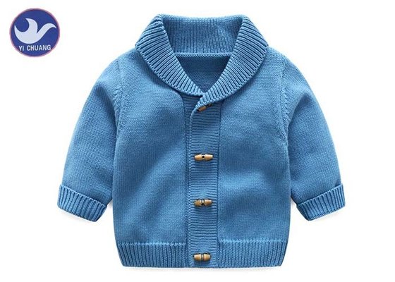 Soft Shawl Collar Kids Knitted Cardigan , Boys Blue Cardigan Sweater Fake Horn Wood Button