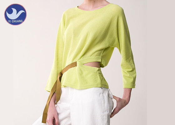 Waist Openning Ribbon Womens Knit Pullover Sweater Lemon Yellow Bat Sleeves for Spring / Summer