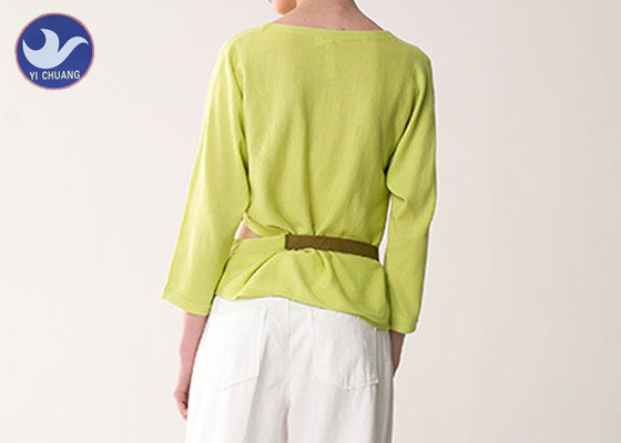 Waist Openning Ribbon Womens Knit Pullover Sweater Lemon Yellow Bat Sleeves for Spring / Summer