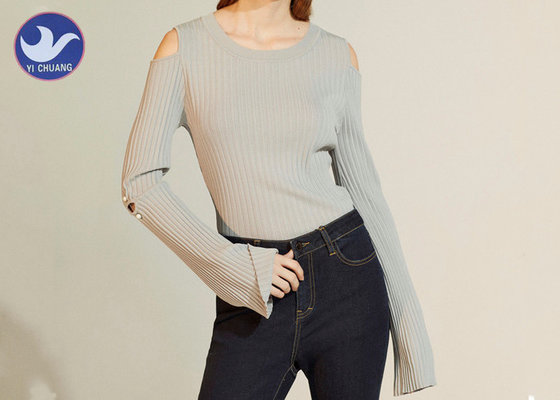 Crew Neck Gray Off The Shoulder Sweater Off Elbow Ribbed Big Stretch Top Soft Touch