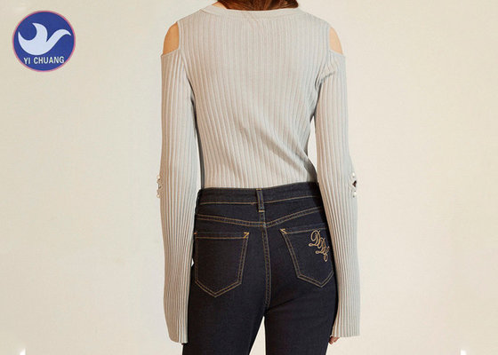 Crew Neck Gray Off The Shoulder Sweater Off Elbow Ribbed Big Stretch Top Soft Touch
