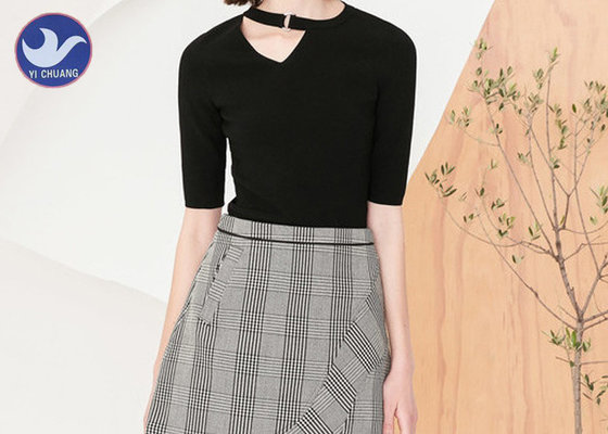 Hollow Half Sleeves Womens Knit Pullover Sweater Buckle Neck Tape For Spring Season