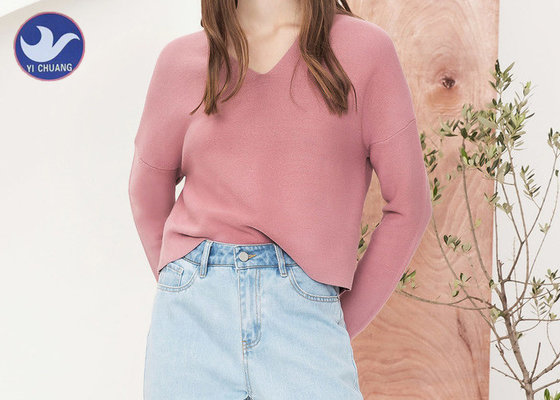 Double V Neck Womens Knit Pullover Sweater Drop Shoulder Chunky Loose Top