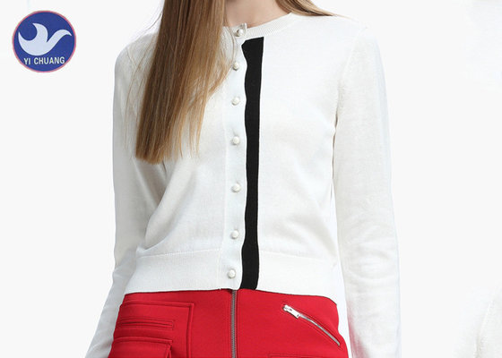 Pearl Buttons Up Cotton Cardigan Sweaters , Black And White Cardigan Sweater