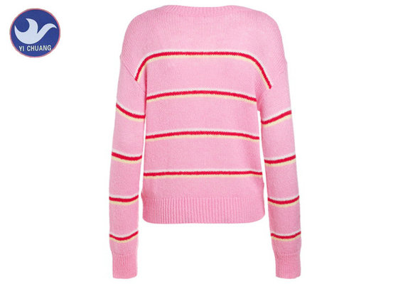 Drop Shoulder Chunky Pink Pullover Sweater , Striped Sweater Womens Woll Mohair Jumper