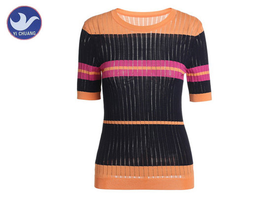 Summer Stripes Womens Knit Pullover Sweater Crew Neck Short Sleeves Rib Top