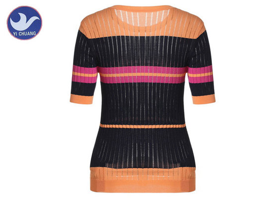 Summer Stripes Womens Knit Pullover Sweater Crew Neck Short Sleeves Rib Top