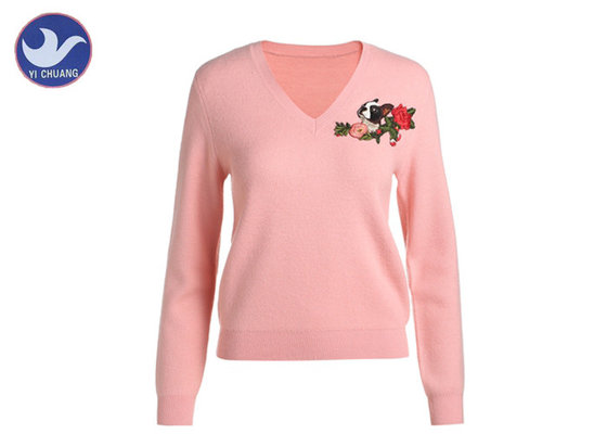 Pink Women's Long Sleeve Sweaters , V Neck Knitted Jumper Dog Flower Embroidered Patch