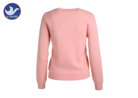 Pink Women's Long Sleeve Sweaters , V Neck Knitted Jumper Dog Flower Embroidered Patch