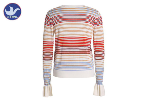 Young Girl Trumpet Cuff Womens Knit Pullover Sweater Multi Color Stripes Apparel
