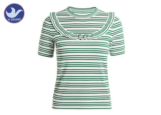 Ruffle Front Womens Knit Pullover Sweater Stripes Short Sleeves For Summer