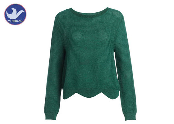 Crew Neck Women's Long Duster Sweater , Knit Pullover Sweater Forest Green Wavy Welt