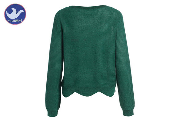 Crew Neck Women's Long Duster Sweater , Knit Pullover Sweater Forest Green Wavy Welt