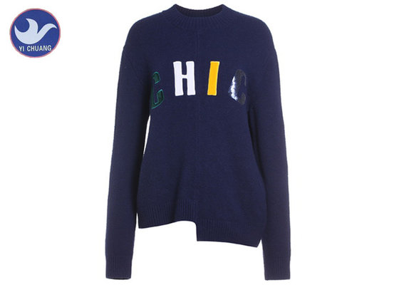 Letters Fabric Patch Embroidery Womens Knit Pullover Sweater Irregular Welt Jumper