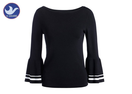 Trumpet Long Stripes Sleeves Womens Knit Pullover Sweater Boat Neck Spring Clothes