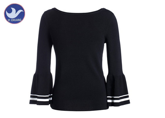 Trumpet Long Stripes Sleeves Womens Knit Pullover Sweater Boat Neck Spring Clothes