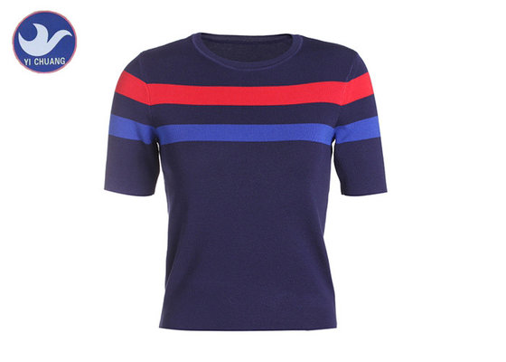 Summer Short Sleeve Cable Knit Sweater  , Womens Navy Blue Pullover Sweater Crew Neck Stripes Knitwear