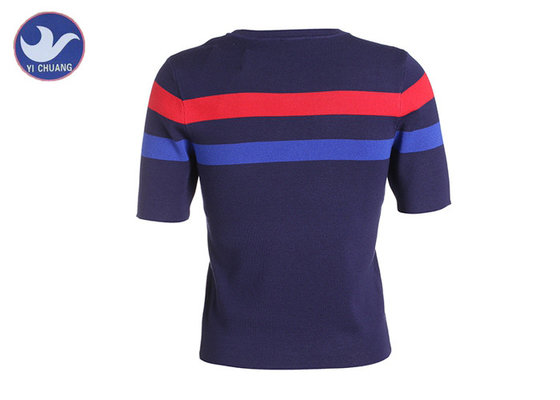 Summer Short Sleeve Cable Knit Sweater  , Womens Navy Blue Pullover Sweater Crew Neck Stripes Knitwear