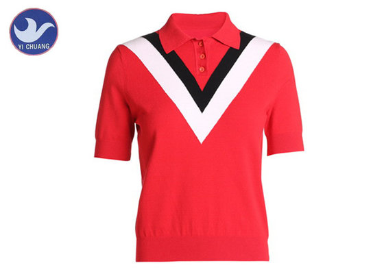Red Short Sleeve Turtleneck Sweater , Knitted Polo Neck Jumper Buttons Closure Pullover
