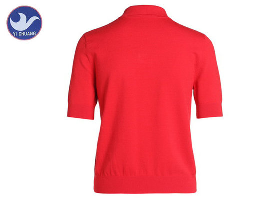 Red Short Sleeve Turtleneck Sweater , Knitted Polo Neck Jumper Buttons Closure Pullover