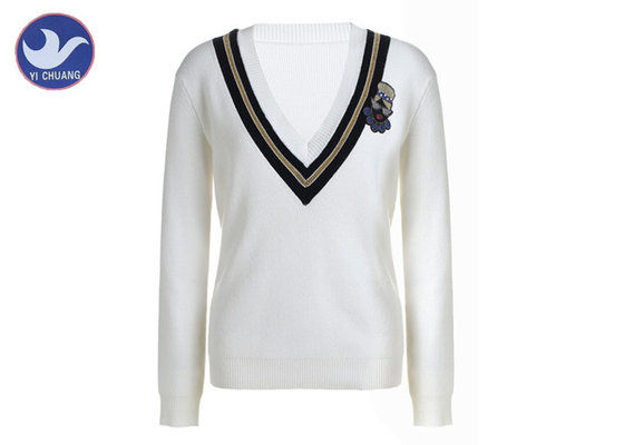 Deep V Stripes Neck Womens Knit Pullover Sweater Cartoon Embroidered Patch College Style