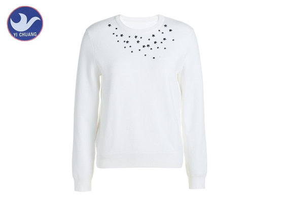 Metal Star Rivet Womens Knit Pullover Sweater  Crew Neck Long Sleeves Jumper