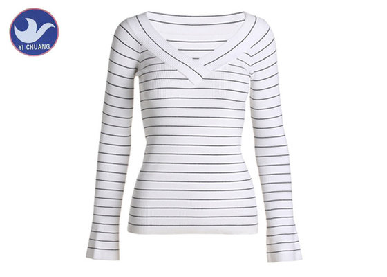 Big V Neck Womens Knit Pullover Sweater Ribs Stripes Small Trumpet Cuff  Spring Knitwear