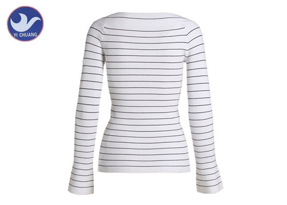 Big V Neck Womens Knit Pullover Sweater Ribs Stripes Small Trumpet Cuff  Spring Knitwear