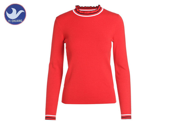 Stripes Neck And Cuff Womens Knit Pullover Sweater Ruffle Collar Inside Knitwear