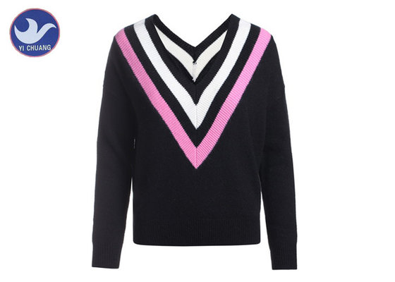 Hot Preppy Style Womens Knit Pullover Sweater Stripes Double Big V Neck Jumper Top