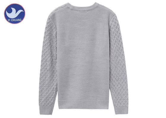 Round Neck Men'S Knit Pullover Sweater Grey Color Fancy Patterns Winter Clothes