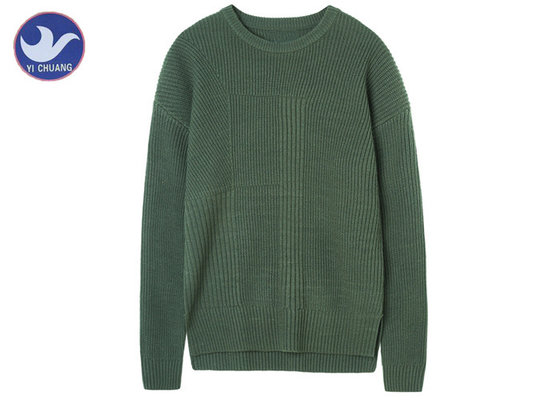 Multi Ribs Conbination Men's Knit Pullover Sweater Green Crew Neck Jumper