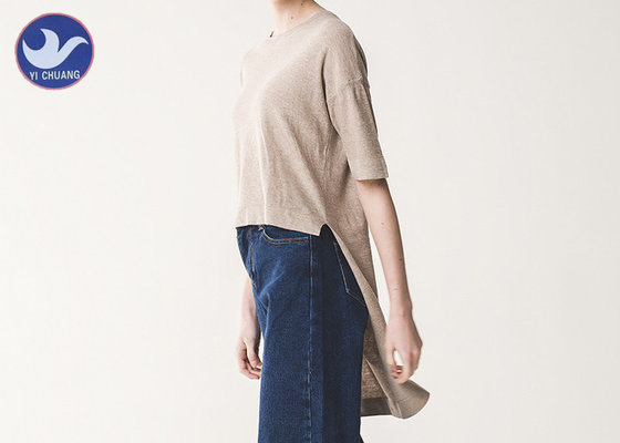 Linen Cotton Womens Knit Pullover Sweater Short Sleeves Front Short Back Long Top