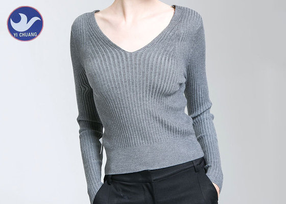Ribbed Womens Knit Pullover Sweater V Neck Tight Fit Lady Knitwear