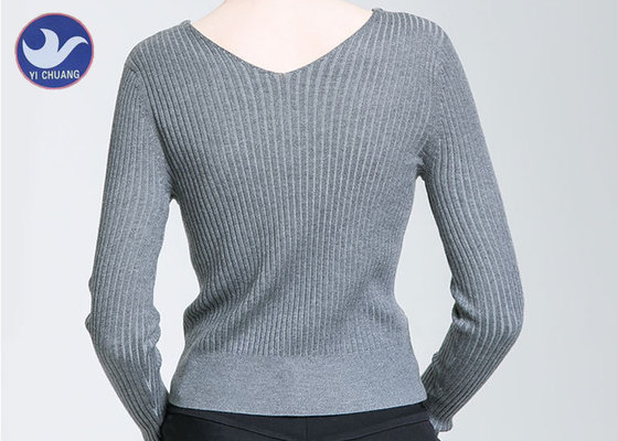 Ribbed Womens Knit Pullover Sweater V Neck Tight Fit Lady Knitwear