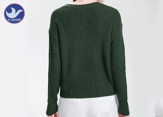 Drop Shoulder Ladies Wool Jumpers Cable Knitting Forest  Green Color For Winter