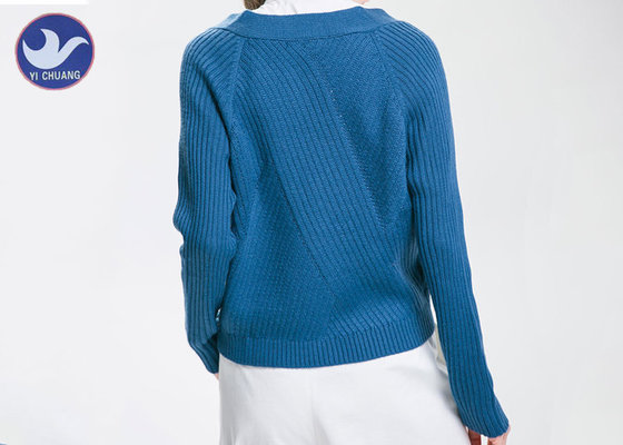 Acrylic Wool Womens Knit Cardigan Sweaters , Blue Long Sleeve Cardigan Sweater