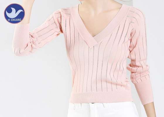 Vertical Transparent Stripes Womens Knit Pullover Sweater Pink Double V Neck Top
