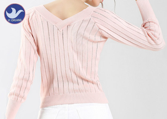 Vertical Transparent Stripes Womens Knit Pullover Sweater Pink Double V Neck Top
