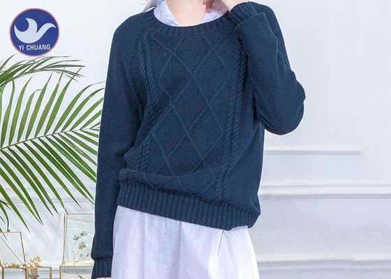 Cable Knitting Navy Wool Jumper Womens , Round Neck Wool Jumpers Reglan Sleeves