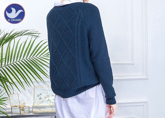 Cable Knitting Navy Wool Jumper Womens , Round Neck Wool Jumpers Reglan Sleeves