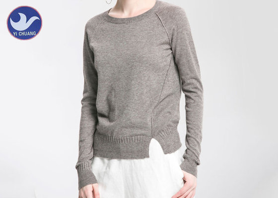 Side Vent Fashion Cutting Womens Knit Pullover Sweater Crew Neck Long Sleeves Top