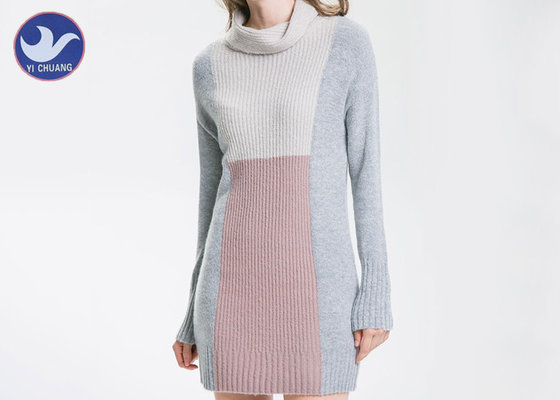 Long Sleeves Grey High Neck Jumper Dress , Roll Neck Knitted Jumper Dress
