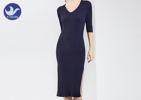 Half Sleeves Womens Knitted Dresses , V Neck Jumper Dress / Knit Dress Welt Side Vent 