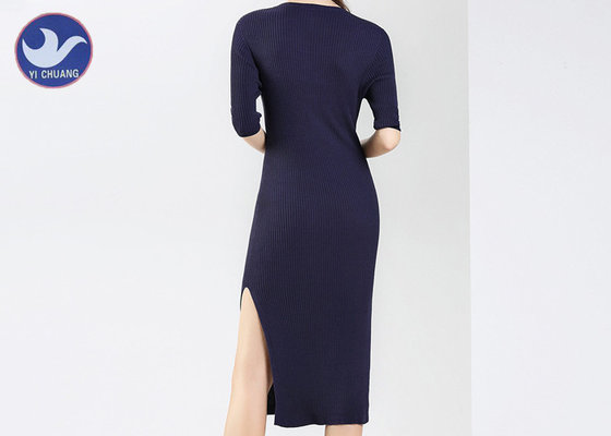 Half Sleeves Womens Knitted Dresses , V Neck Jumper Dress / Knit Dress Welt Side Vent 