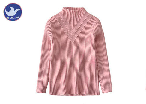 High Collar Ribs Girls Light Pink Sweater , Cotton Knit Sweater For Little Girl